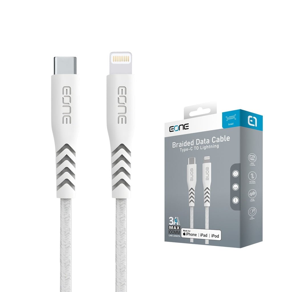 كابل نايلون eone-usb-c lightning بطول 1.2 متر - أبيض - شركة أرقام الشبكة